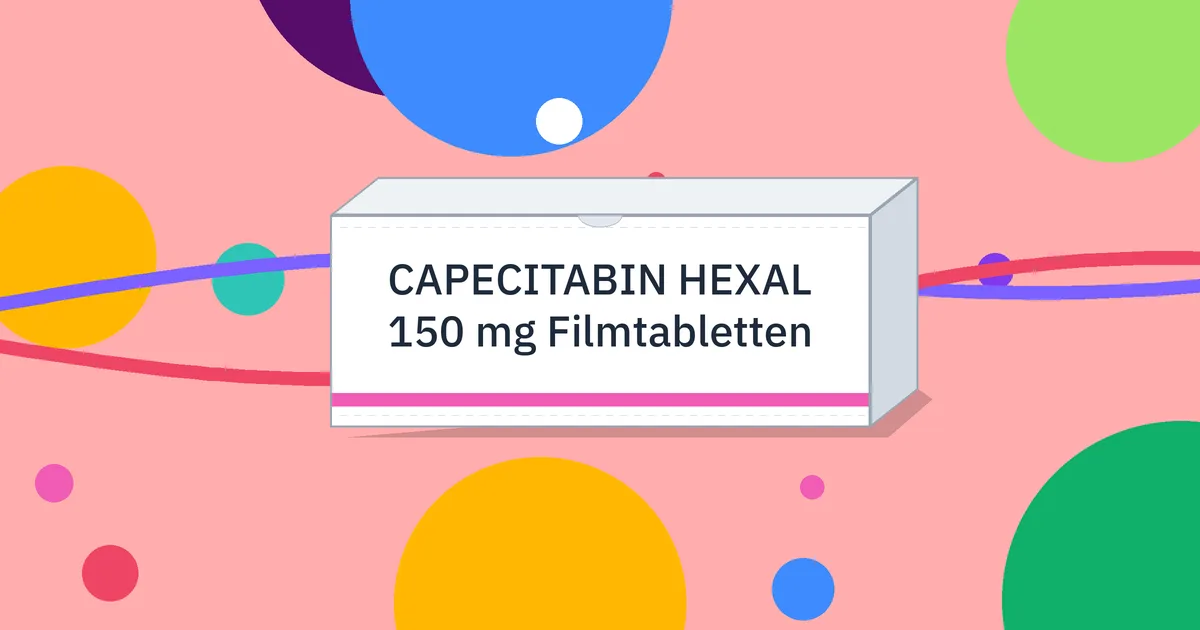 Symbolbild: Packung mit der Aufschrift CAPECITABIN HEXAL 150 mg Filmtabletten (PZN 08865840) – Verfügbarkeit und Bezug in Apotheken in Frankfurt am Main