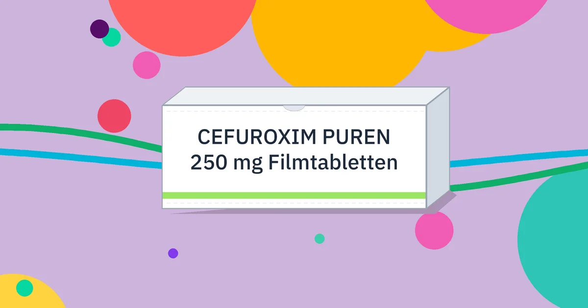 Symbolbild: Packung mit der Aufschrift CEFUROXIM PUREN 250 mg Filmtabletten (PZN 12584791) – Verfügbarkeit und Bezug in Apotheken in Frankfurt am Main