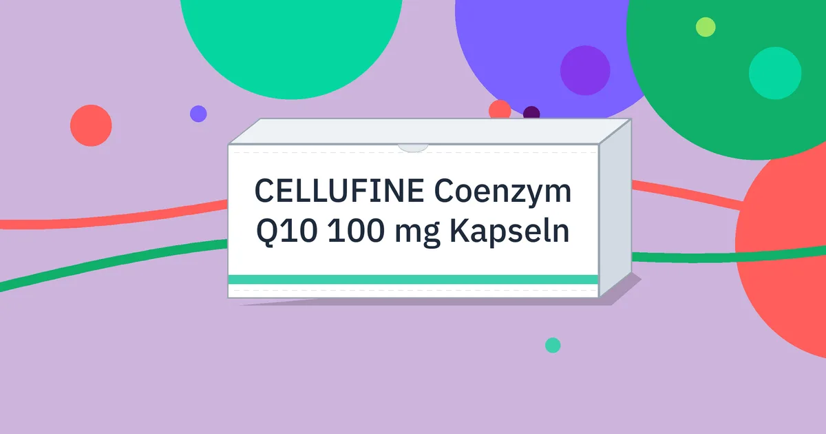 Symbolbild: Packung mit der Aufschrift CELLUFINE Coenzym Q10 100 mg Kapseln (PZN 19150110) – Verfügbarkeit und Bezug in Apotheken in Frankfurt am Main