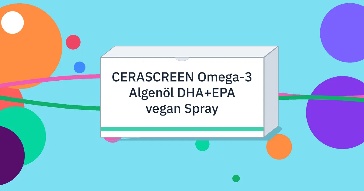 Symbolbild: Packung mit der Aufschrift CERASCREEN Omega-3 Algenöl DHA+EPA vegan Spray (PZN 18817233) – Verfügbarkeit und Bezug in Apotheken in Frankfurt am Main