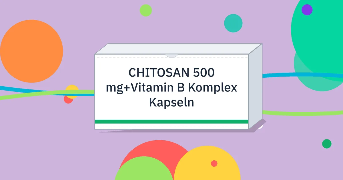 Symbolbild: Packung mit der Aufschrift CHITOSAN 500 mg+Vitamin B Komplex Kapseln (PZN 11668267) – Verfügbarkeit und Bezug in Apotheken in Frankfurt am Main
