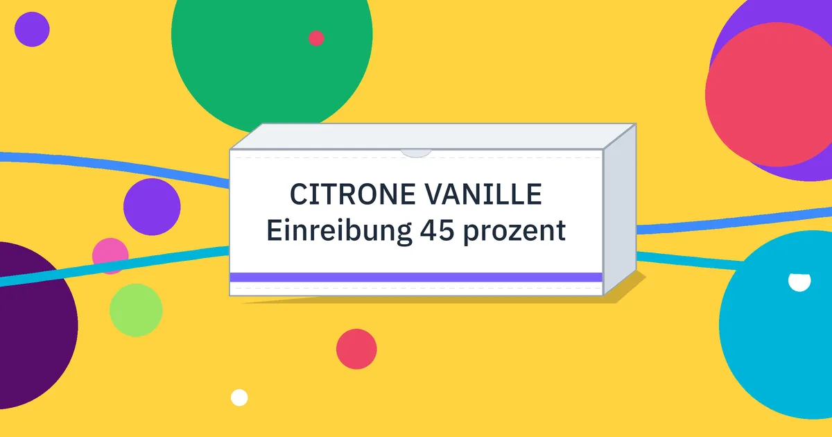 Symbolbild: Packung mit der Aufschrift CITRONE VANILLE Einreibung 45 prozent (PZN 05517699) – Verfügbarkeit und Bezug in Apotheken in Frankfurt am Main