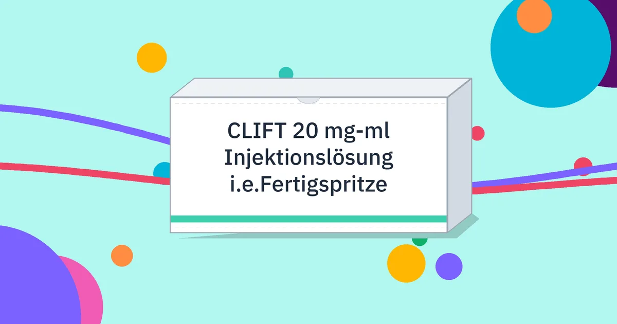 Symbolbild: Packung mit der Aufschrift CLIFT 20 mg-ml Injektionslösung i.e.Fertigspritze (PZN 19997846) – Verfügbarkeit und Bezug in Apotheken in Frankfurt am Main