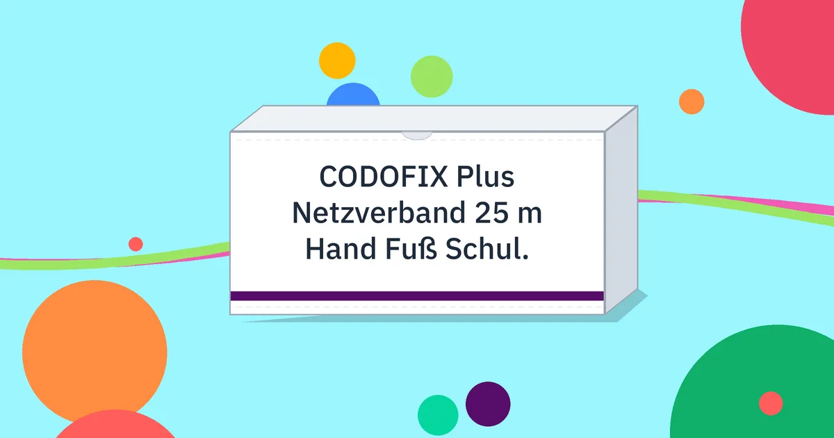 Symbolbild: Packung mit der Aufschrift CODOFIX Plus Netzverband 25 m Hand Fuß Schul. (PZN 06928275) – Verfügbarkeit und Bezug in Apotheken in Frankfurt am Main