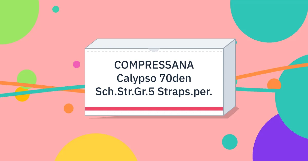Symbolbild: Packung mit der Aufschrift COMPRESSANA Calypso 70den Sch.Str.Gr.5 Straps.per. (PZN 01556432) – Verfügbarkeit und Bezug in Apotheken in Frankfurt am Main