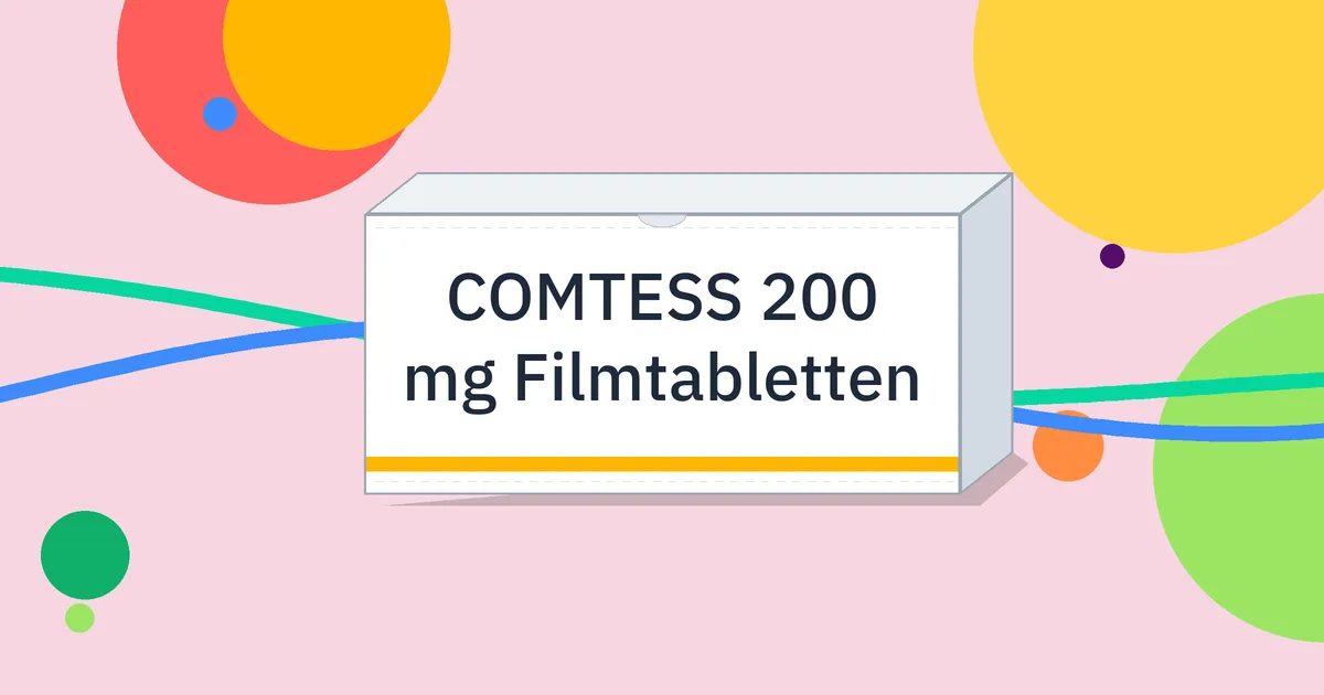 Symbolbild: Packung mit der Aufschrift COMTESS 200 mg Filmtabletten (PZN 00671958) – Verfügbarkeit und Bezug in Apotheken in Frankfurt am Main