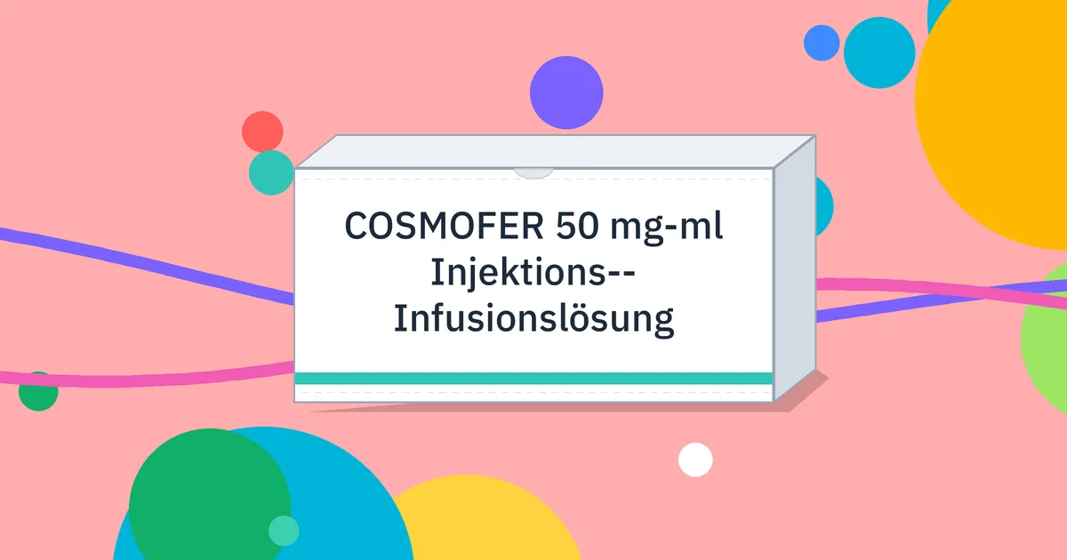 Symbolbild: Packung mit der Aufschrift COSMOFER 50 mg-ml Injektions--Infusionslösung (PZN 09012714) – Verfügbarkeit und Bezug in Apotheken in Frankfurt am Main