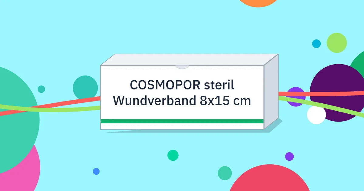 Symbolbild: Packung mit der Aufschrift COSMOPOR steril Wundverband 8x15 cm (PZN 19214991) – Verfügbarkeit und Bezug in Apotheken in Frankfurt am Main