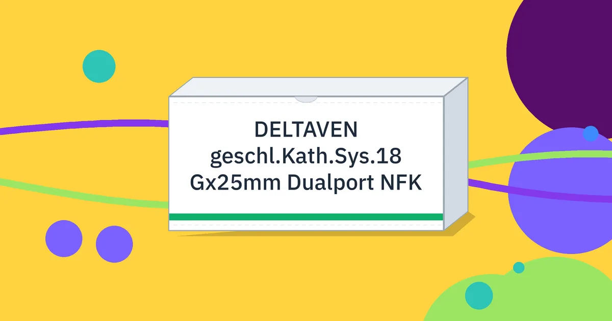 Symbolbild: Packung mit der Aufschrift DELTAVEN geschl.Kath.Sys.18 Gx25mm Dualport NFK (PZN 13977759) – Verfügbarkeit und Bezug in Apotheken in Frankfurt am Main