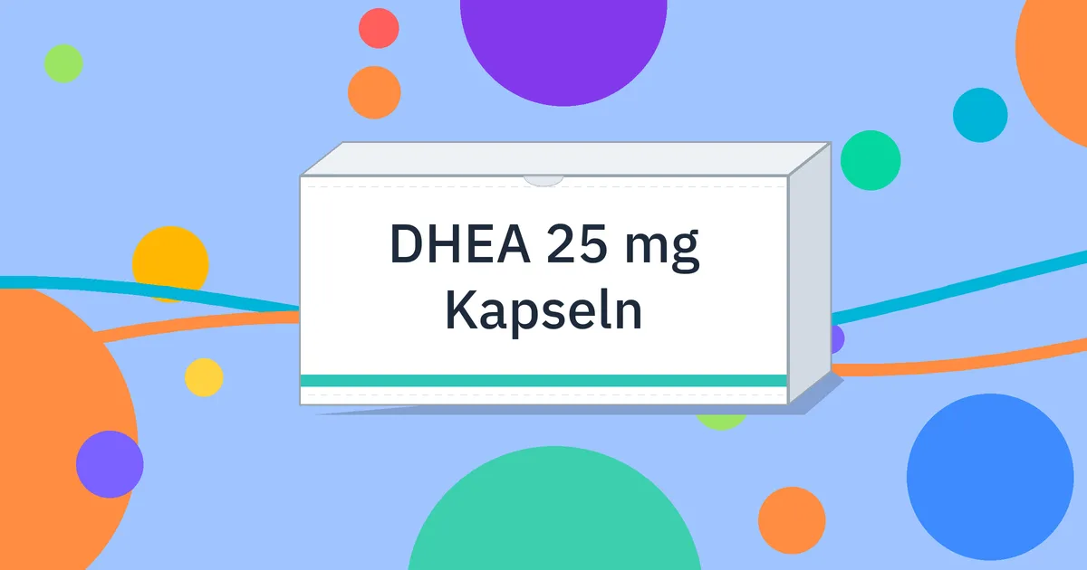 Symbolbild: Packung mit der Aufschrift DHEA 25 mg Kapseln (PZN 16564911) – Verfügbarkeit und Bezug in Apotheken in Frankfurt am Main