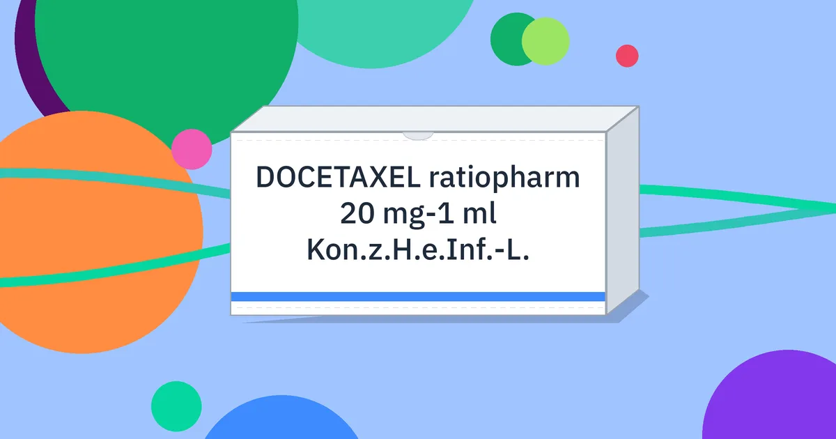 Symbolbild: Packung mit der Aufschrift DOCETAXEL ratiopharm 20 mg-1 ml Kon.z.H.e.Inf.-L. (PZN 07517427) – Verfügbarkeit und Bezug in Apotheken in Frankfurt am Main