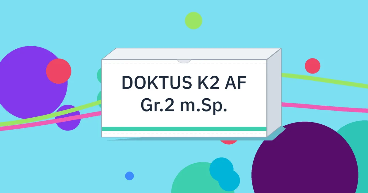 Symbolbild: Packung mit der Aufschrift DOKTUS K2 AF Gr.2 m.Sp. (PZN 03308968) – Verfügbarkeit und Bezug in Apotheken in Frankfurt am Main