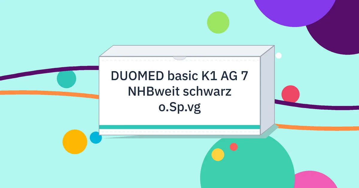 Symbolbild: Packung mit der Aufschrift DUOMED basic K1 AG 7 NHBweit schwarz o.Sp.vg (PZN 20905803) – Verfügbarkeit und Bezug in Apotheken in Frankfurt am Main