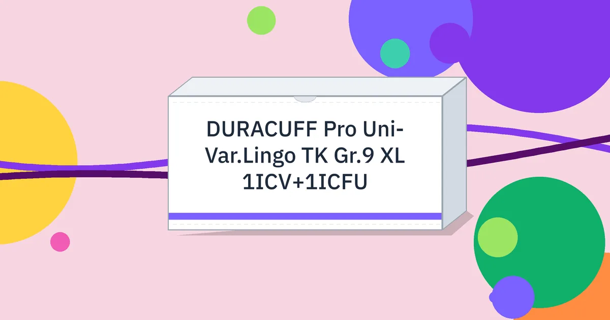 Symbolbild: Packung mit der Aufschrift DURACUFF Pro Uni-Var.Lingo TK Gr.9 XL 1ICV+1ICFU (PZN 19245833) – Verfügbarkeit und Bezug in Apotheken in Frankfurt am Main