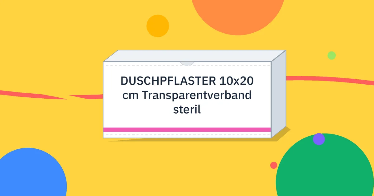 Symbolbild: Packung mit der Aufschrift DUSCHPFLASTER 10x20 cm Transparentverband steril (PZN 16790168) – Verfügbarkeit und Bezug in Apotheken in Frankfurt am Main