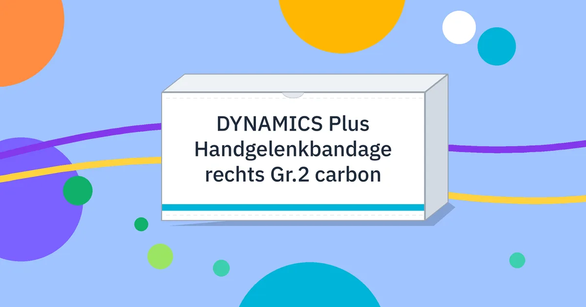 Symbolbild: Packung mit der Aufschrift DYNAMICS Plus Handgelenkbandage rechts Gr.2 carbon (PZN 10634898) – Verfügbarkeit und Bezug in Apotheken in Frankfurt am Main