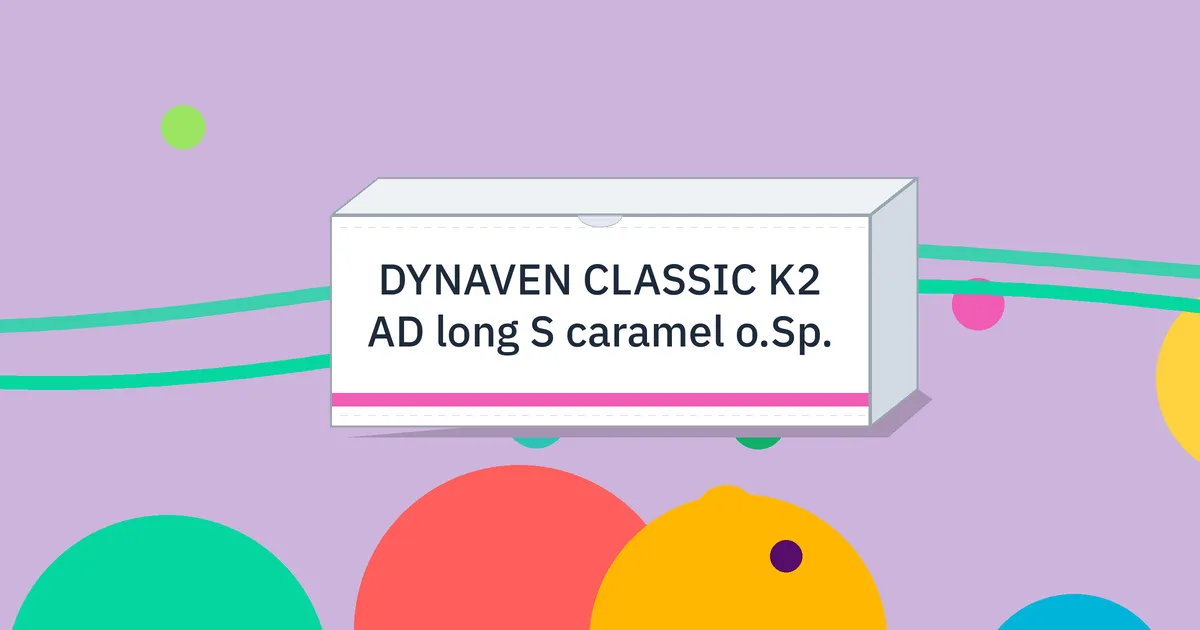 Symbolbild: Packung mit der Aufschrift DYNAVEN CLASSIC K2 AD long S caramel o.Sp. (PZN 18417249) – Verfügbarkeit und Bezug in Apotheken in Frankfurt am Main