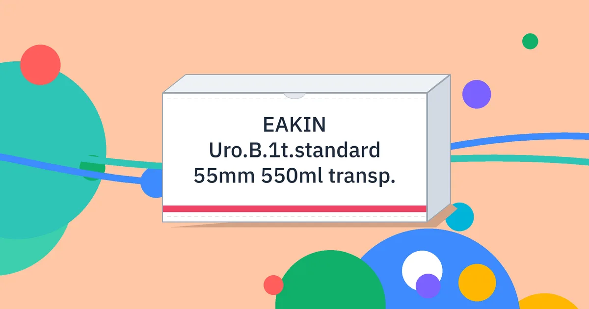 Symbolbild: Packung mit der Aufschrift EAKIN Uro.B.1t.standard 55mm 550ml transp. (PZN 09642734) – Verfügbarkeit und Bezug in Apotheken in Frankfurt am Main