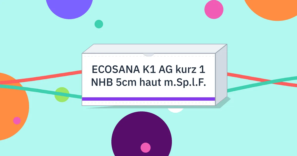 Symbolbild: Packung mit der Aufschrift ECOSANA K1 AG kurz 1 NHB 5cm haut m.Sp.l.F. (PZN 04726202) – Verfügbarkeit und Bezug in Apotheken in Frankfurt am Main
