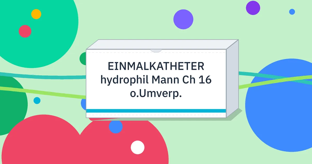 Symbolbild: Packung mit der Aufschrift EINMALKATHETER hydrophil Mann Ch 16 o.Umverp. (PZN 06874208) – Verfügbarkeit und Bezug in Apotheken in Frankfurt am Main