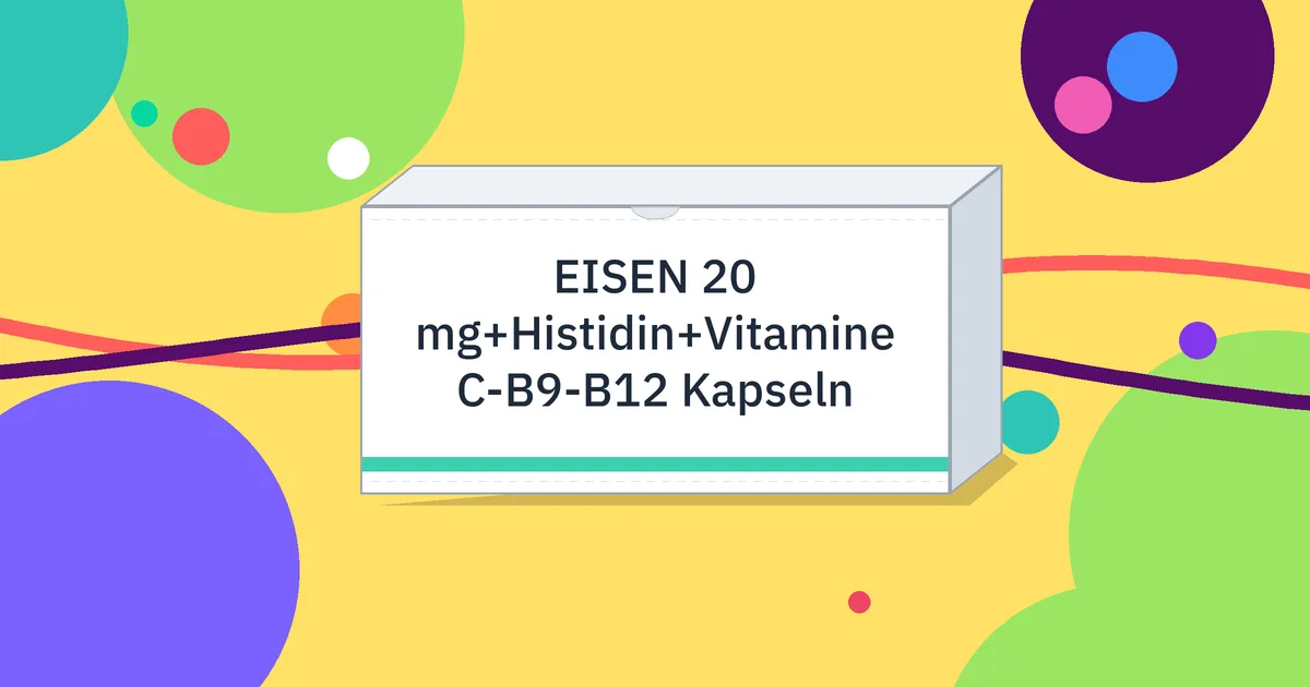Symbolbild: Packung mit der Aufschrift EISEN 20 mg+Histidin+Vitamine C-B9-B12 Kapseln (PZN 13947451) – Verfügbarkeit und Bezug in Apotheken in Frankfurt am Main