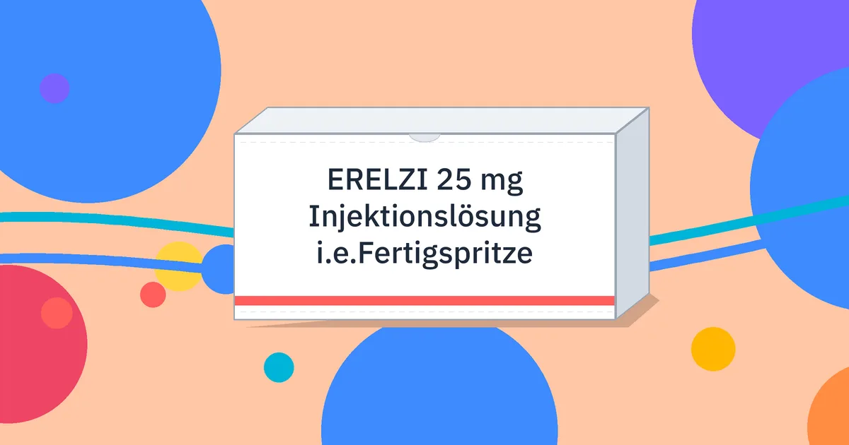 Symbolbild: Packung mit der Aufschrift ERELZI 25 mg Injektionslösung i.e.Fertigspritze (PZN 19627463) – Verfügbarkeit und Bezug in Apotheken in Frankfurt am Main