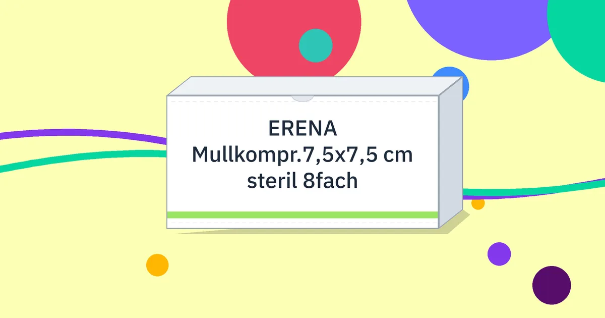 Symbolbild: Packung mit der Aufschrift ERENA Mullkompr.7,5x7,5 cm steril 8fach (PZN 03305378) – Verfügbarkeit und Bezug in Apotheken in Frankfurt am Main