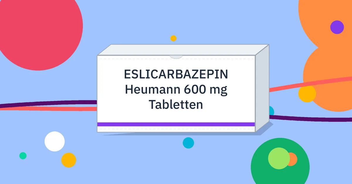 Symbolbild: Packung mit der Aufschrift ESLICARBAZEPIN Heumann 600 mg Tabletten (PZN 18438228) – Verfügbarkeit und Bezug in Apotheken in Frankfurt am Main