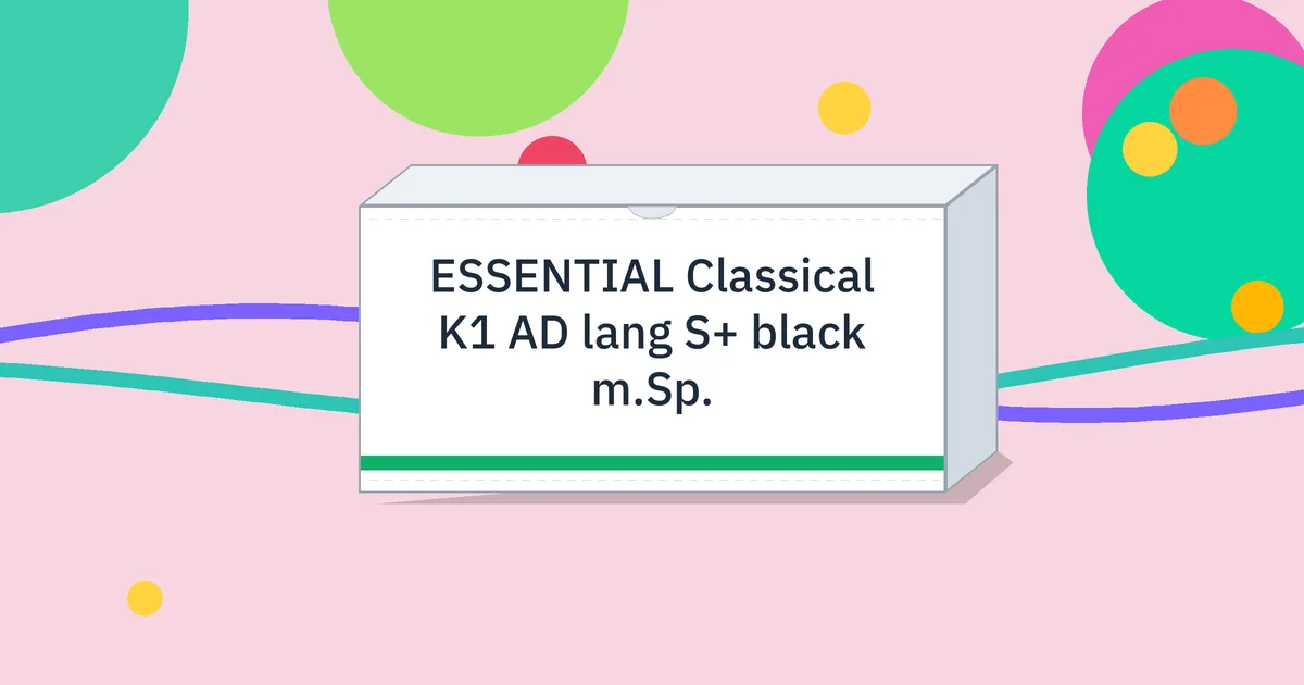 Symbolbild: Packung mit der Aufschrift ESSENTIAL Classical K1 AD lang S+ black m.Sp. (PZN 17000122) – Verfügbarkeit und Bezug in Apotheken in Frankfurt am Main