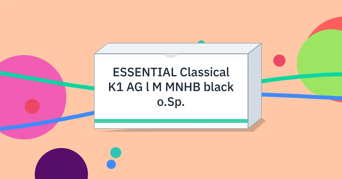 Symbolbild: Packung mit der Aufschrift ESSENTIAL Classical K1 AG l M MNHB black o.Sp. (PZN 19321043) – Verfügbarkeit und Bezug in Apotheken in Frankfurt am Main