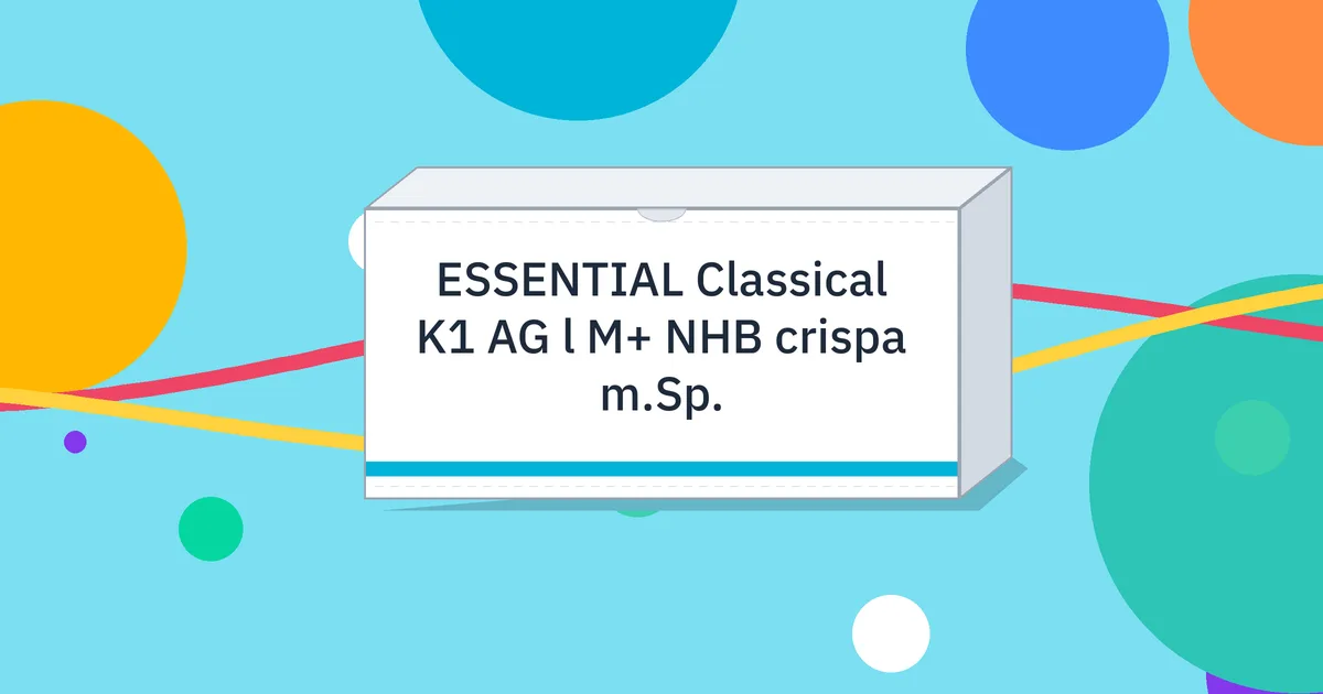 Symbolbild: Packung mit der Aufschrift ESSENTIAL Classical K1 AG l M+ NHB crispa m.Sp. (PZN 17003126) – Verfügbarkeit und Bezug in Apotheken in Frankfurt am Main