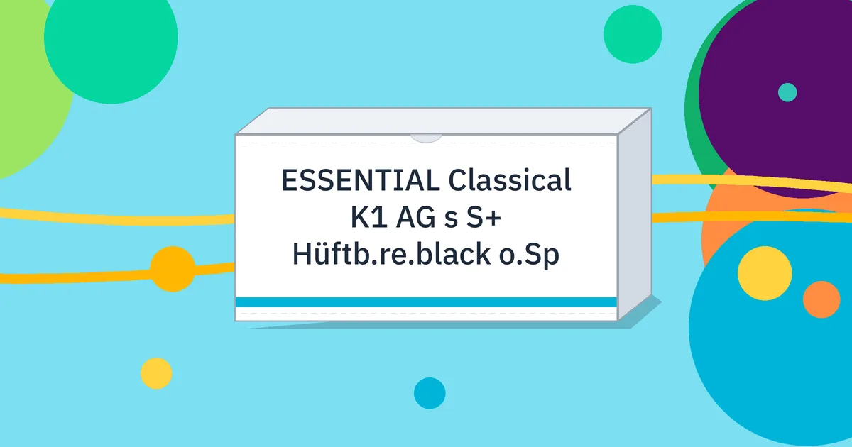 Symbolbild: Packung mit der Aufschrift ESSENTIAL Classical K1 AG s S+ Hüftb.re.black o.Sp (PZN 17013484) – Verfügbarkeit und Bezug in Apotheken in Frankfurt am Main
