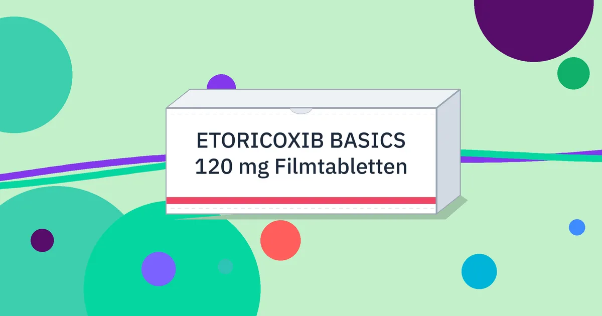 Symbolbild: Packung mit der Aufschrift ETORICOXIB BASICS 120 mg Filmtabletten (PZN 13153171) – Verfügbarkeit und Bezug in Apotheken in Frankfurt am Main