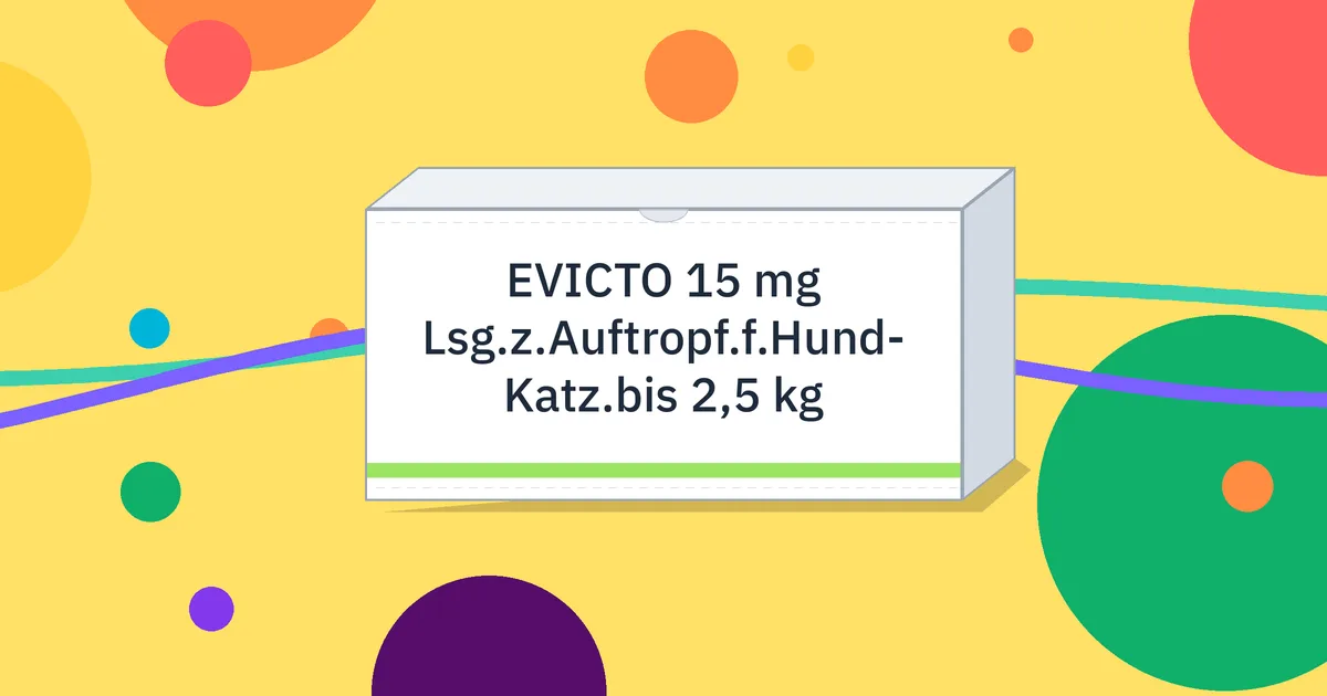 Symbolbild: Packung mit der Aufschrift EVICTO 15 mg Lsg.z.Auftropf.f.Hund-Katz.bis 2,5 kg (PZN 16348099) – Verfügbarkeit und Bezug in Apotheken in Frankfurt am Main