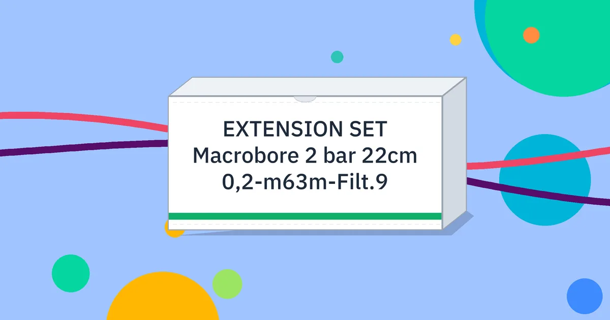 Symbolbild: Packung mit der Aufschrift EXTENSION SET Macrobore 2 bar 22cm 0,2-m63m-Filt.9 (PZN 19858820) – Verfügbarkeit und Bezug in Apotheken in Frankfurt am Main