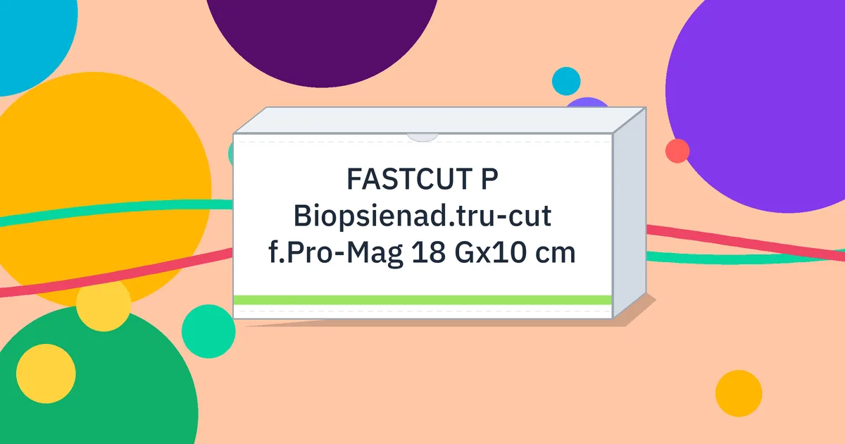 Symbolbild: Packung mit der Aufschrift FASTCUT P Biopsienad.tru-cut f.Pro-Mag 18 Gx10 cm (PZN 16087428) – Verfügbarkeit und Bezug in Apotheken in Frankfurt am Main