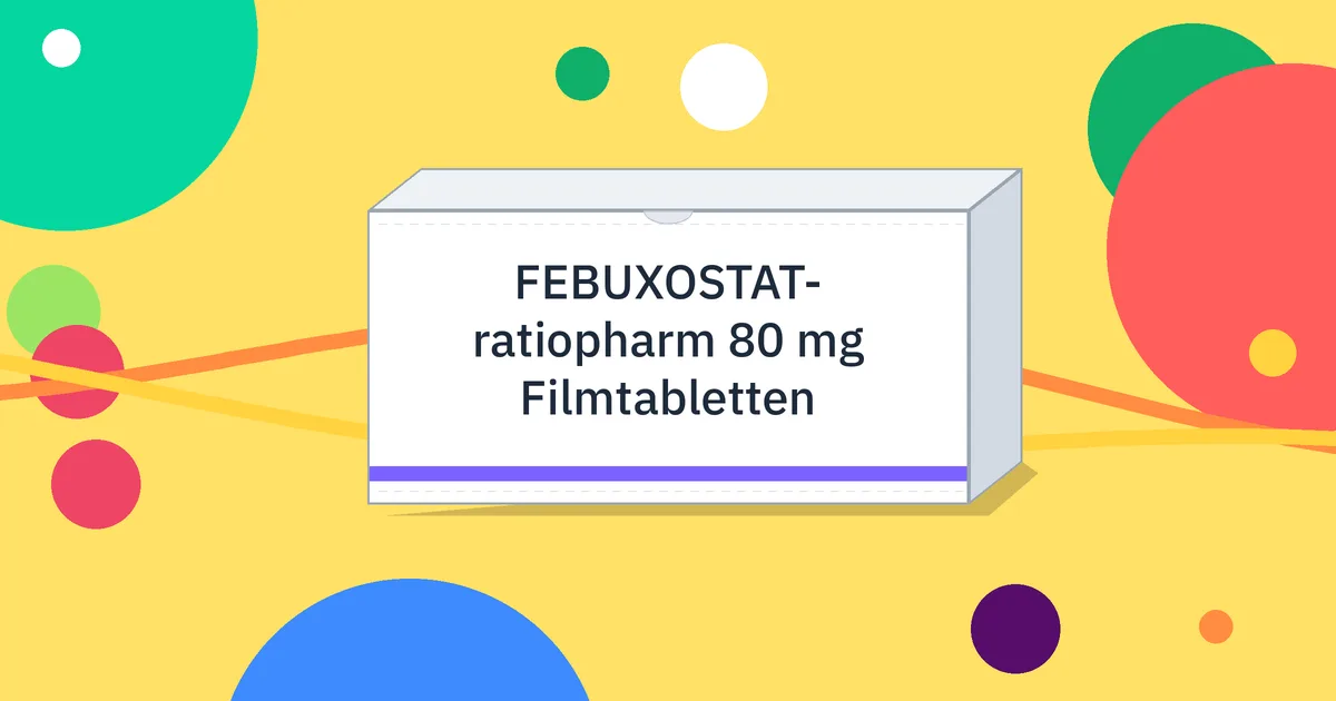 Symbolbild: Packung mit der Aufschrift FEBUXOSTAT-ratiopharm 80 mg Filmtabletten (PZN 14168565) – Verfügbarkeit und Bezug in Apotheken in Frankfurt am Main