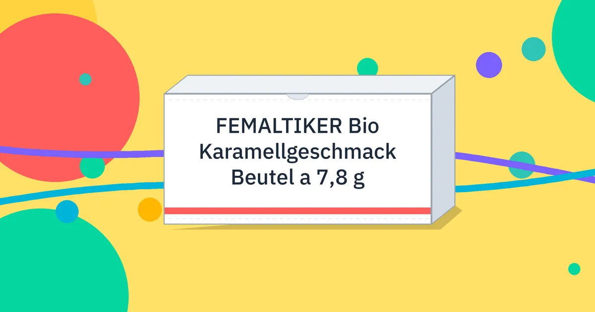 Symbolbild: Packung mit der Aufschrift FEMALTIKER Bio Karamellgeschmack Beutel a 7,8 g (PZN 19622951) – Verfügbarkeit und Bezug in Apotheken in Frankfurt am Main