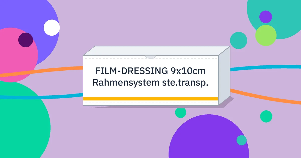 Symbolbild: Packung mit der Aufschrift FILM-DRESSING 9x10cm Rahmensystem ste.transp. (PZN 20010443) – Verfügbarkeit und Bezug in Apotheken in Frankfurt am Main