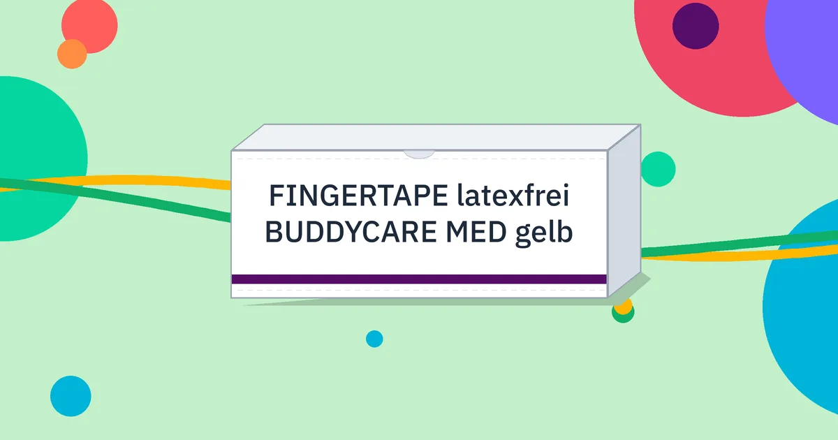 Symbolbild: Packung mit der Aufschrift FINGERTAPE latexfrei BUDDYCARE MED gelb (PZN 13925053) – Verfügbarkeit und Bezug in Apotheken in Frankfurt am Main