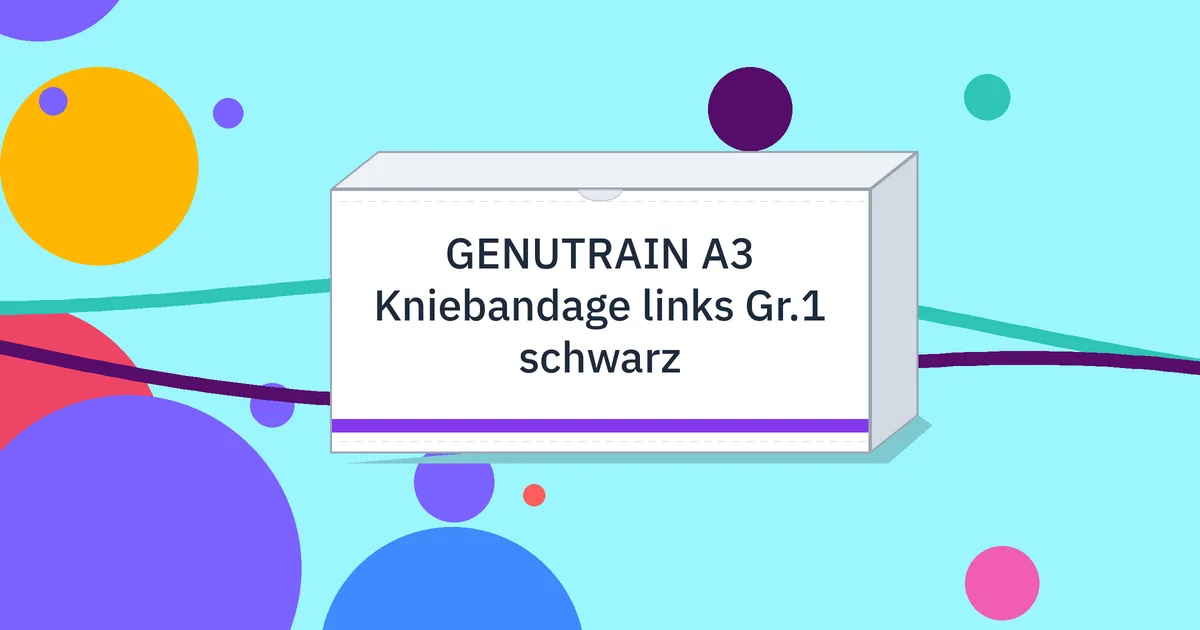Symbolbild: Packung mit der Aufschrift GENUTRAIN A3 Kniebandage links Gr.1 schwarz (PZN 19100069) – Verfügbarkeit und Bezug in Apotheken in Frankfurt am Main