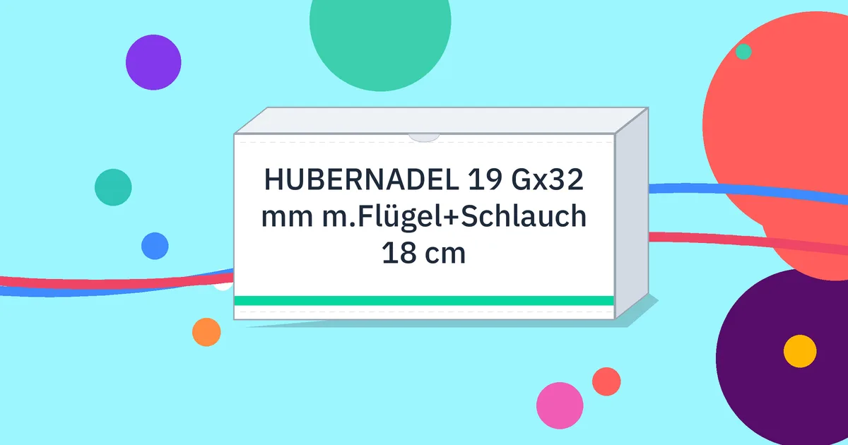 Symbolbild: Packung mit der Aufschrift HUBERNADEL 19 Gx32 mm m.Flügel+Schlauch 18 cm (PZN 02350193) – Verfügbarkeit und Bezug in Apotheken in Frankfurt am Main