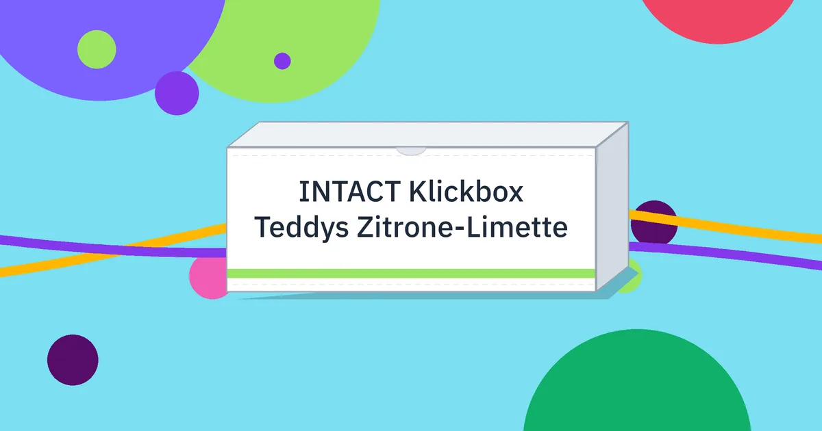 Symbolbild: Packung mit der Aufschrift INTACT Klickbox Teddys Zitrone-Limette (PZN 18405826) – Verfügbarkeit und Bezug in Apotheken in Frankfurt am Main