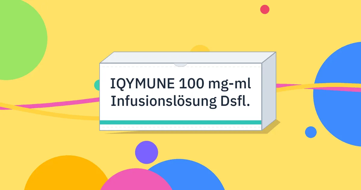 Symbolbild: Packung mit der Aufschrift IQYMUNE 100 mg-ml Infusionslösung Dsfl. (PZN 11510595) – Verfügbarkeit und Bezug in Apotheken in Frankfurt am Main
