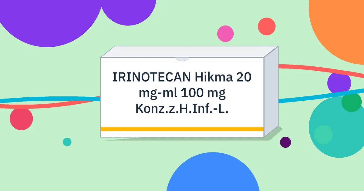 Symbolbild: Packung mit der Aufschrift IRINOTECAN Hikma 20 mg-ml 100 mg Konz.z.H.Inf.-L. (PZN 17611104) – Verfügbarkeit und Bezug in Apotheken in Frankfurt am Main
