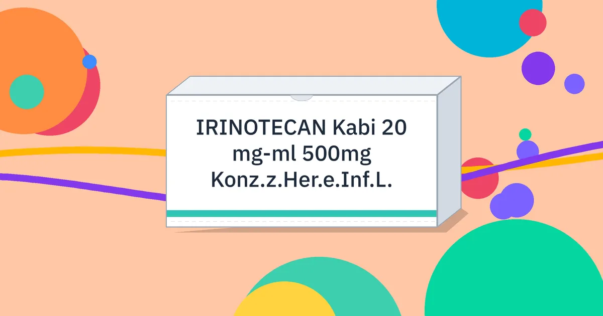 Symbolbild: Packung mit der Aufschrift IRINOTECAN Kabi 20 mg-ml 500mg Konz.z.Her.e.Inf.L. (PZN 14037001) – Verfügbarkeit und Bezug in Apotheken in Frankfurt am Main