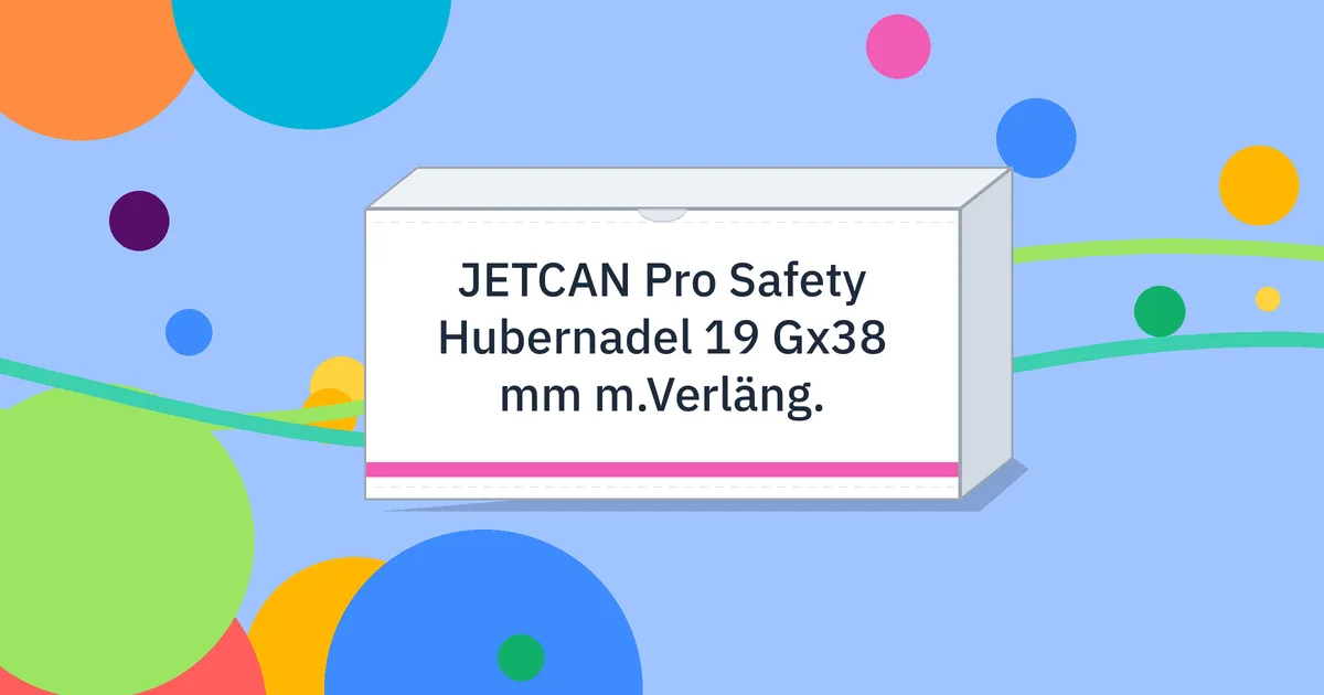 Symbolbild: Packung mit der Aufschrift JETCAN Pro Safety Hubernadel 19 Gx38 mm m.Verläng. (PZN 19420928) – Verfügbarkeit und Bezug in Apotheken in Frankfurt am Main