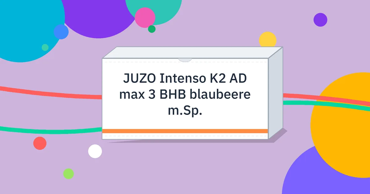 Symbolbild: Packung mit der Aufschrift JUZO Intenso K2 AD max 3 BHB blaubeere m.Sp. (PZN 18616368) – Verfügbarkeit und Bezug in Apotheken in Frankfurt am Main