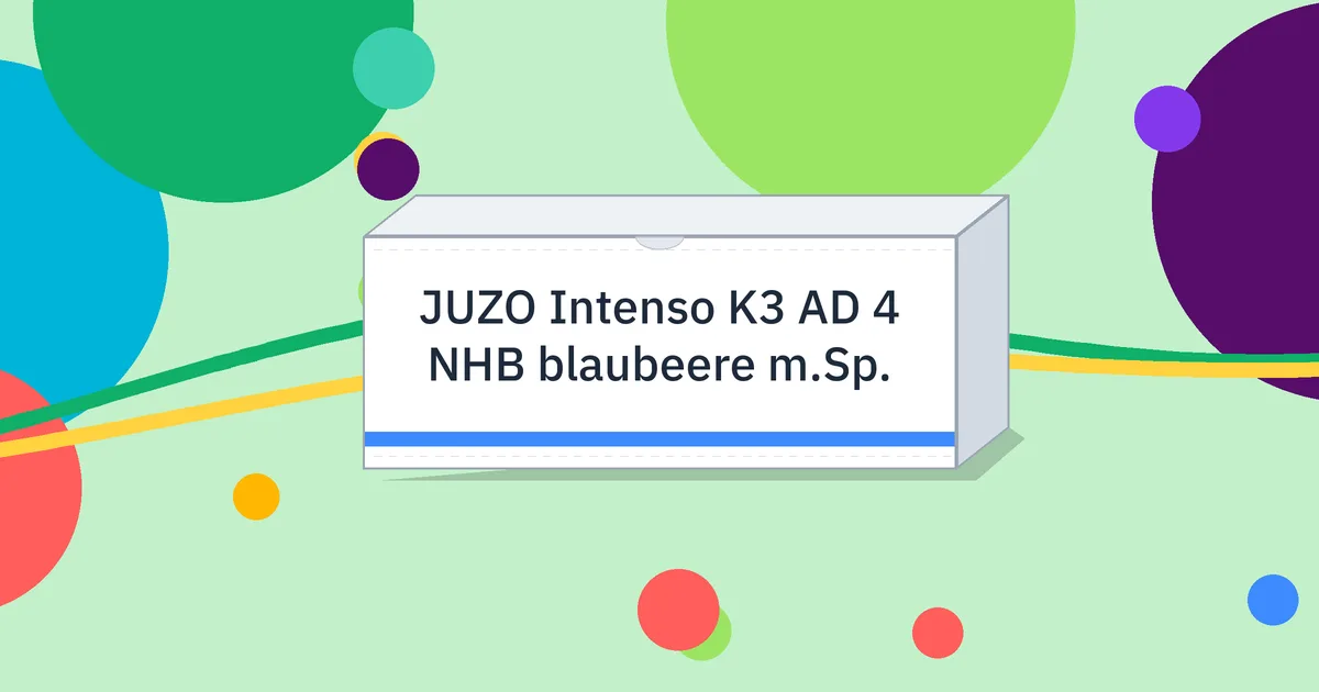 Symbolbild: Packung mit der Aufschrift JUZO Intenso K3 AD 4 NHB blaubeere m.Sp. (PZN 18630960) – Verfügbarkeit und Bezug in Apotheken in Frankfurt am Main