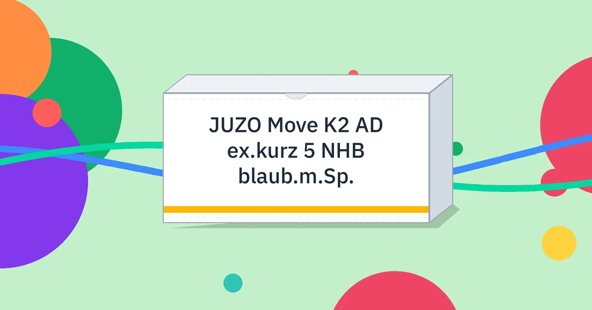 Symbolbild: Packung mit der Aufschrift JUZO Move K2 AD ex.kurz 5 NHB blaub.m.Sp. (PZN 18541759) – Verfügbarkeit und Bezug in Apotheken in Frankfurt am Main